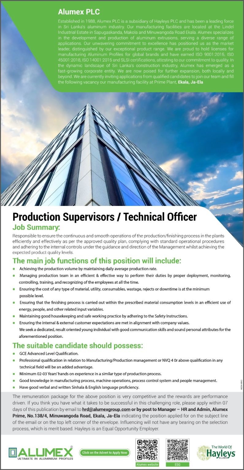 Production Supervisor/ Technical Officer - Jobseeker.lk