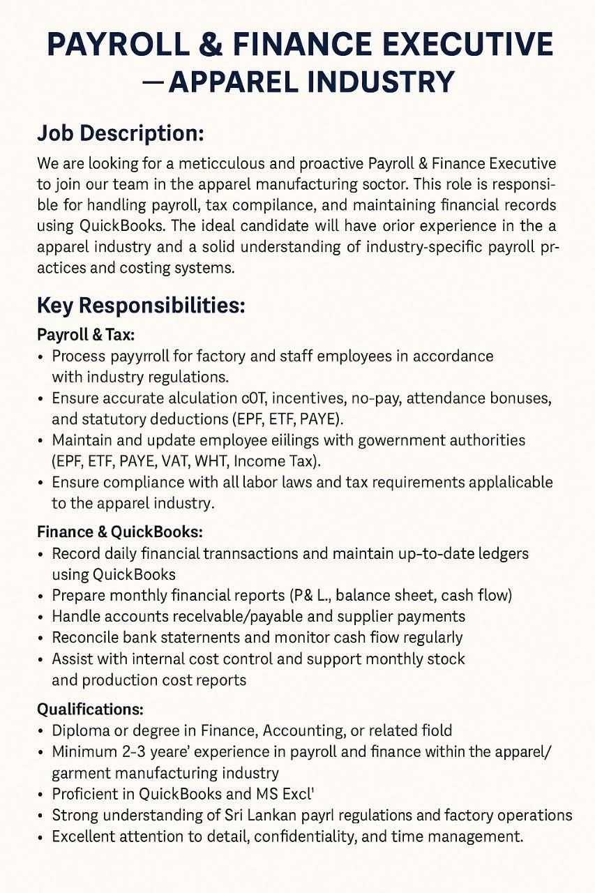 Payroll and Finance Executive - Jobseeker.lk