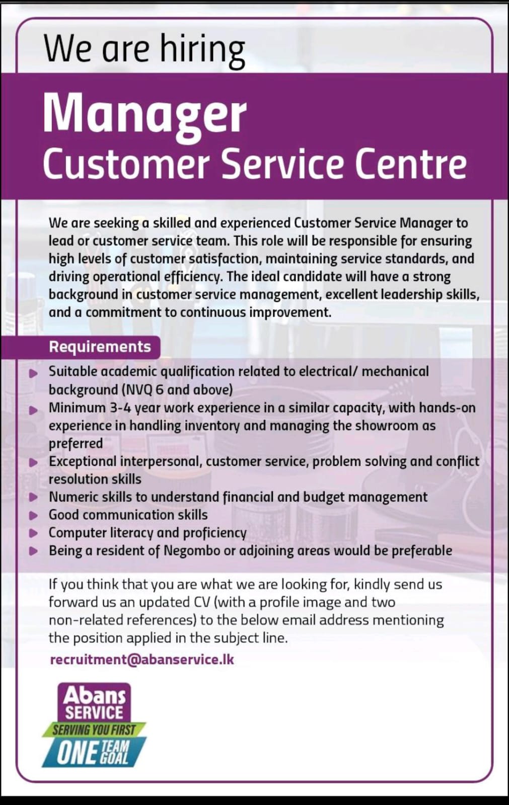 Customer Service Center Manager - Jobseeker.lk