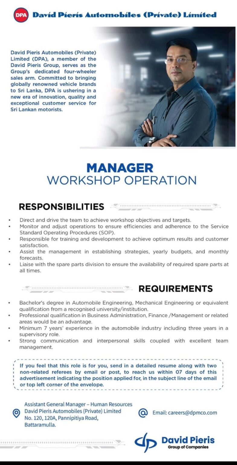 Manager - Workshop Operations - Jobseeker.lk