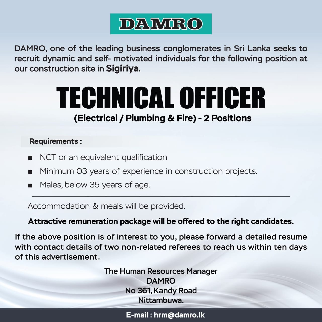 Technical Officer (Electrical / Plumbing & Fire) - Jobseeker.lk