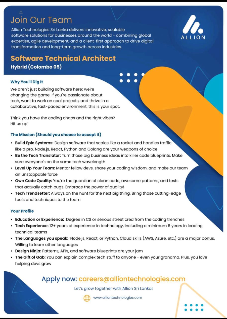 Software Technical Architect/ Software Senior Technical Lead - Jobseeker.lk