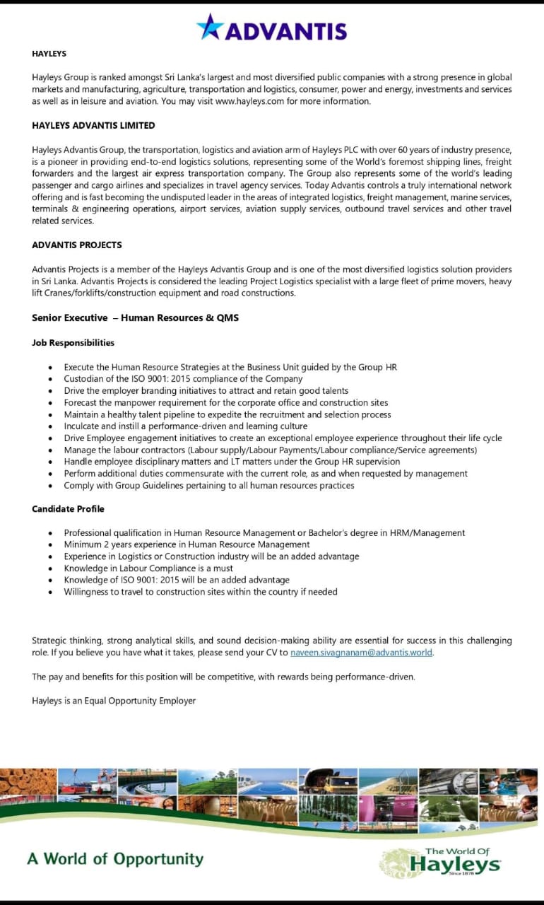 Senior Executive - Human Resources & QMS - Jobseeker.lk