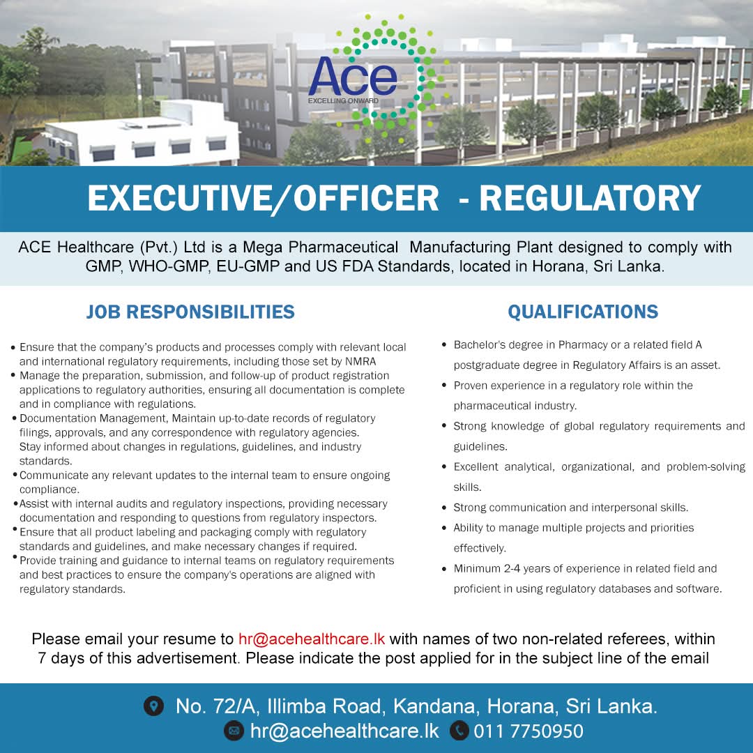 Executive/Officer – Regulatory - Jobseeker.lk