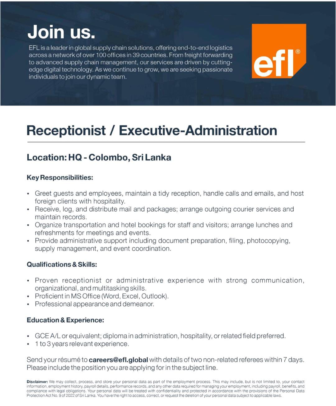 Receptionist Executive Administration Jobseeker Lk