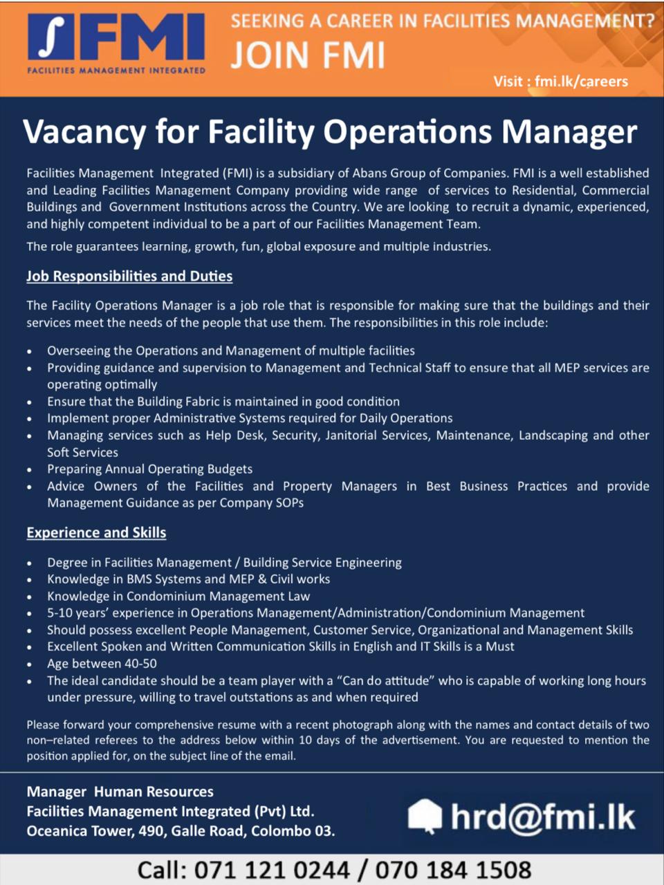 Facility Operations Manager - Jobseeker.lk