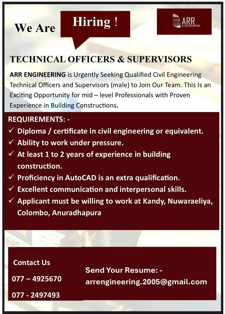 Technical Officer/ Supervisor - Jobseeker.lk