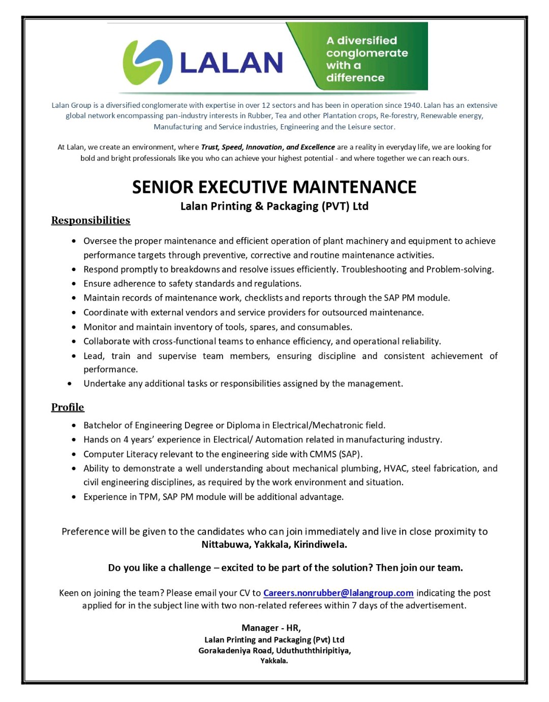 Senior Executive - Maintenance - Jobseeker.lk