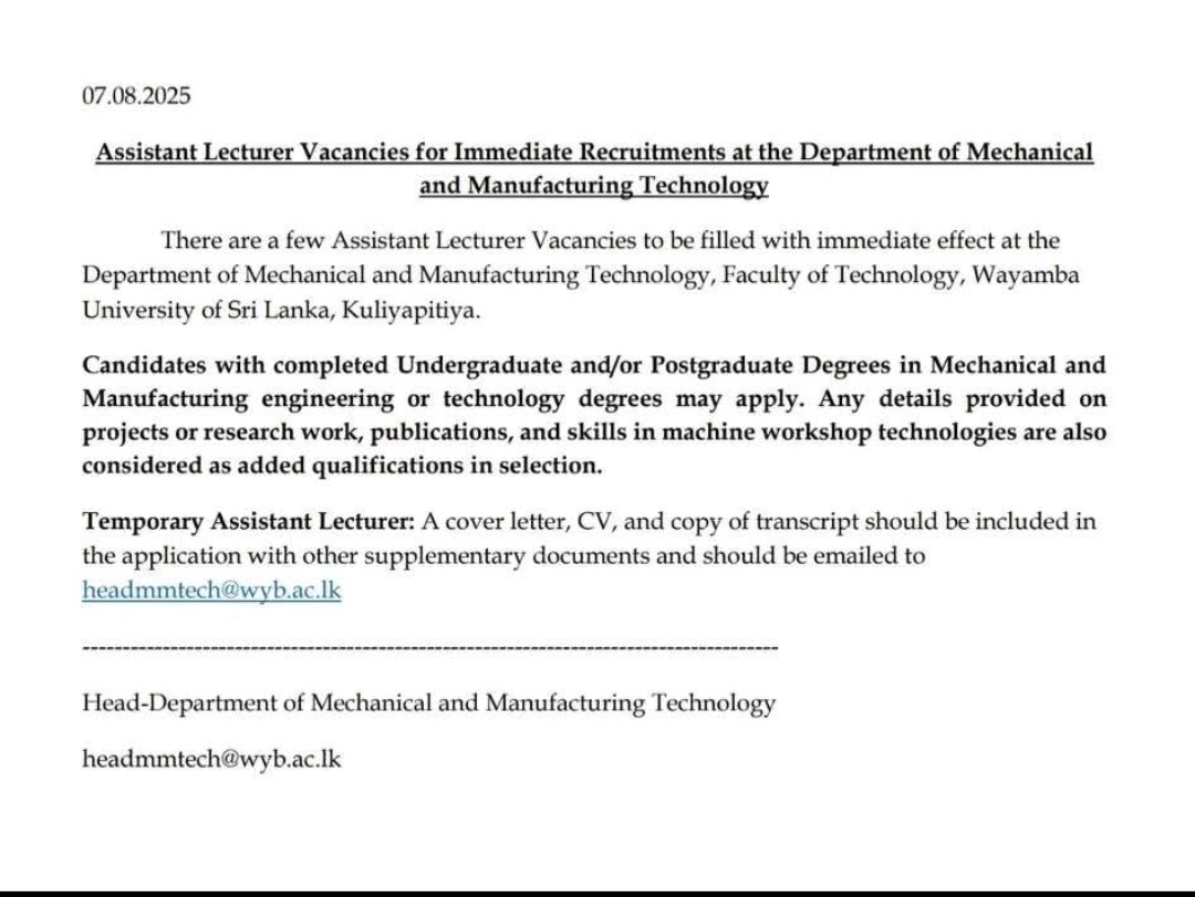 Assistant Lecturer - Mechanical Engineering - Jobseeker.lk