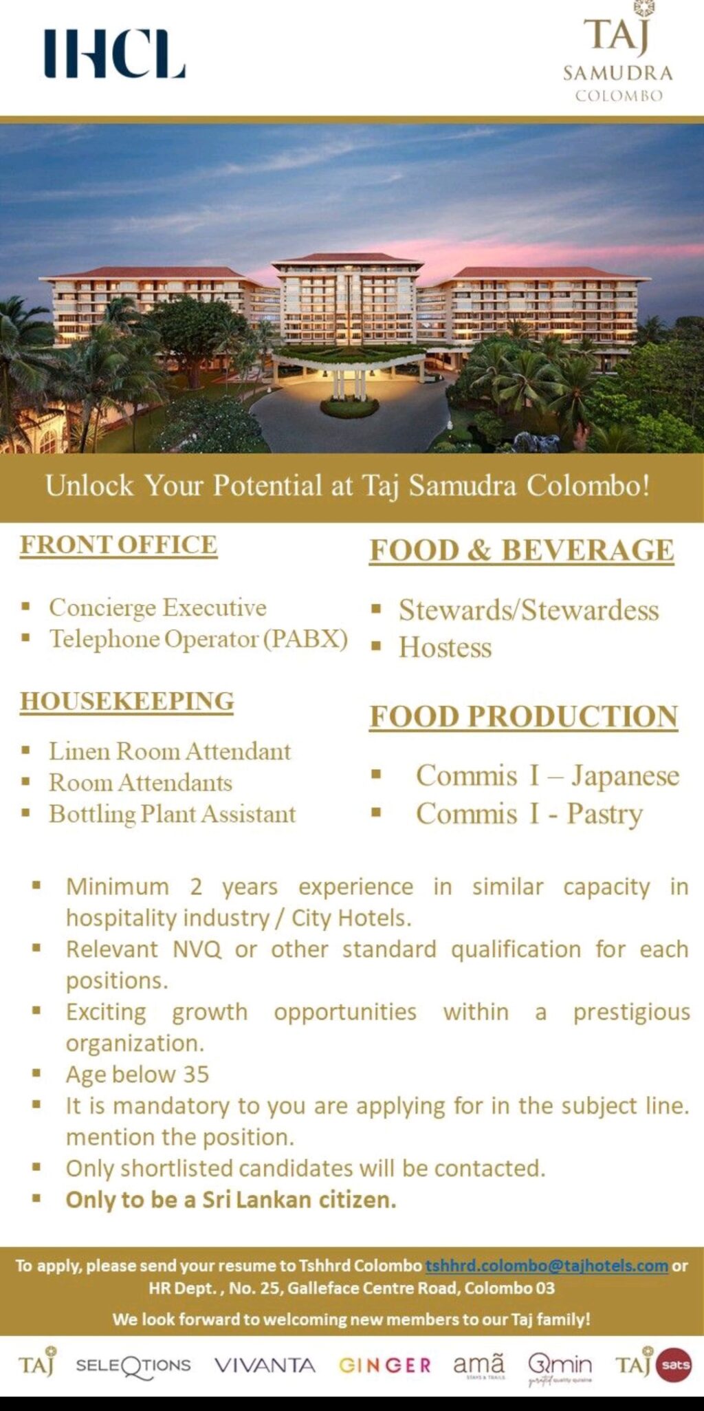 Front Office/ Housekeeping/ Food and Beverage/ Food Production ...