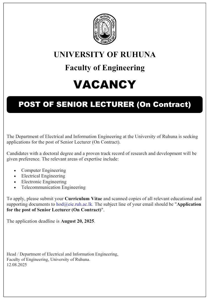 Senior Lecturer - Engineering - Jobseeker.lk