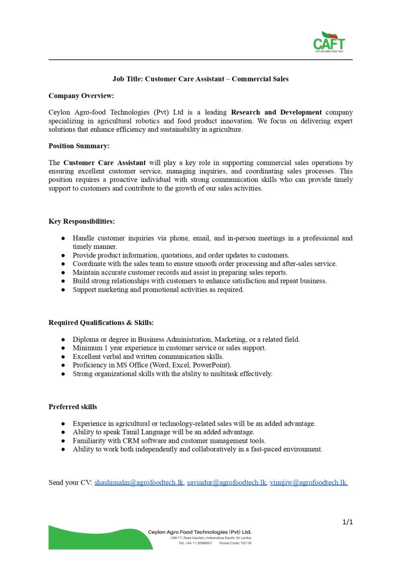 Customer Care Assistant – Commercial Sales - Jobseeker.lk
