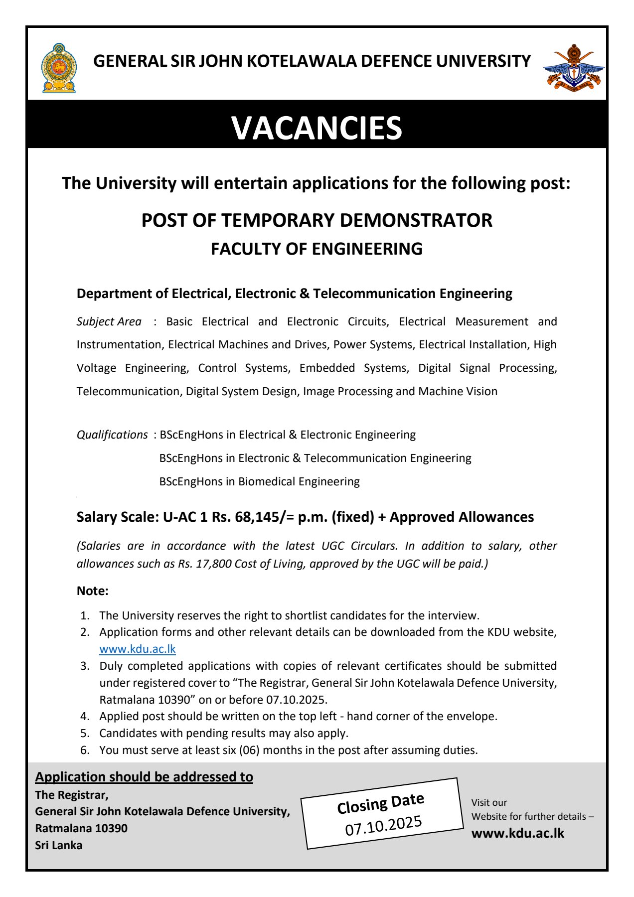 Demonstrator- Engineering - Jobseeker.lk