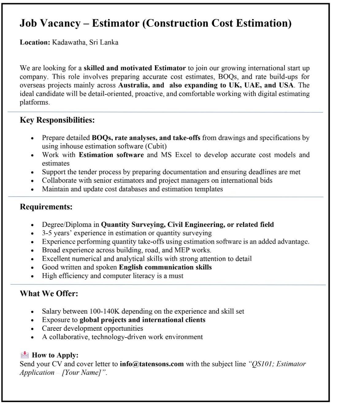 Estimator - Construction Cost Estimation - Jobseeker.lk