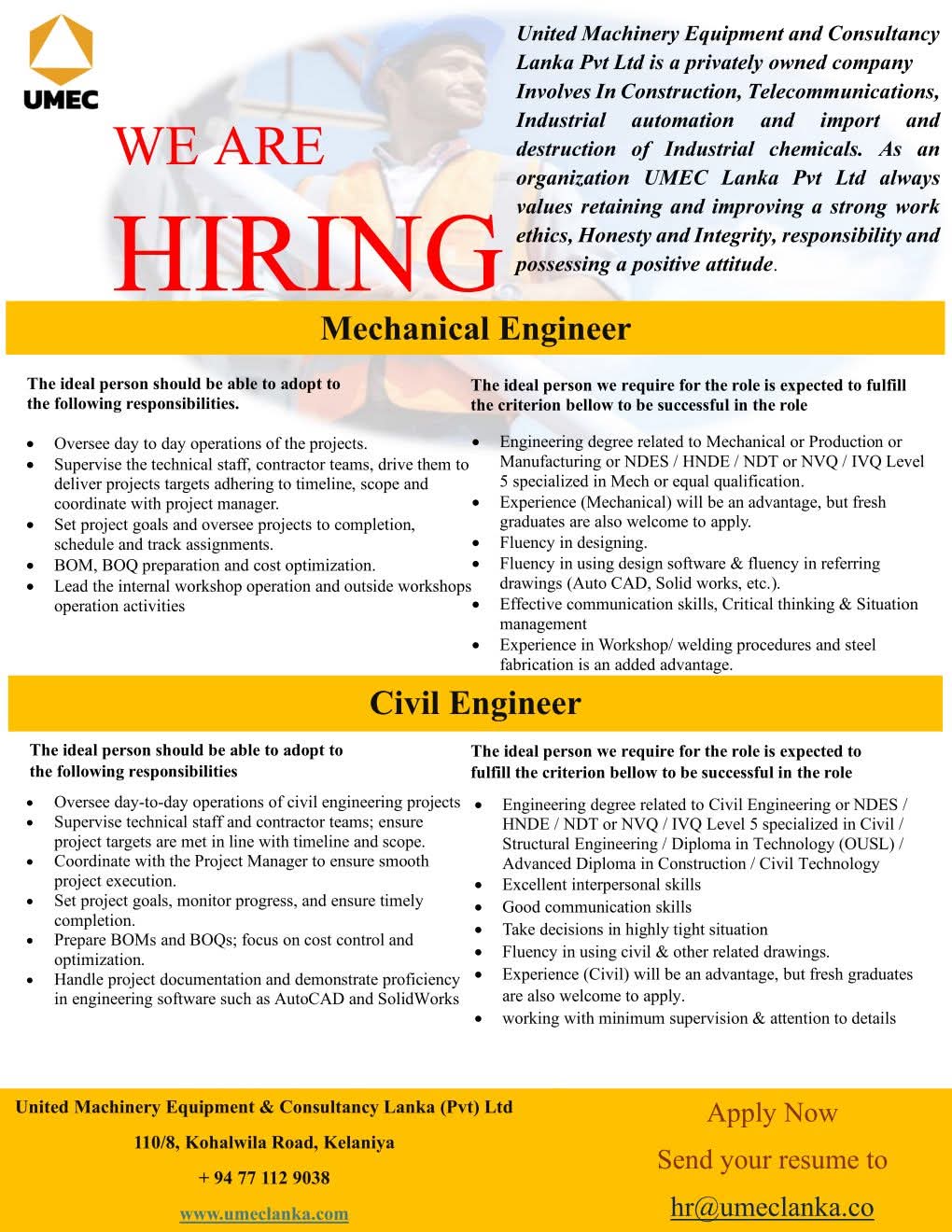 Mechanical Engineer/ Civil Engineer - Jobseeker.lk