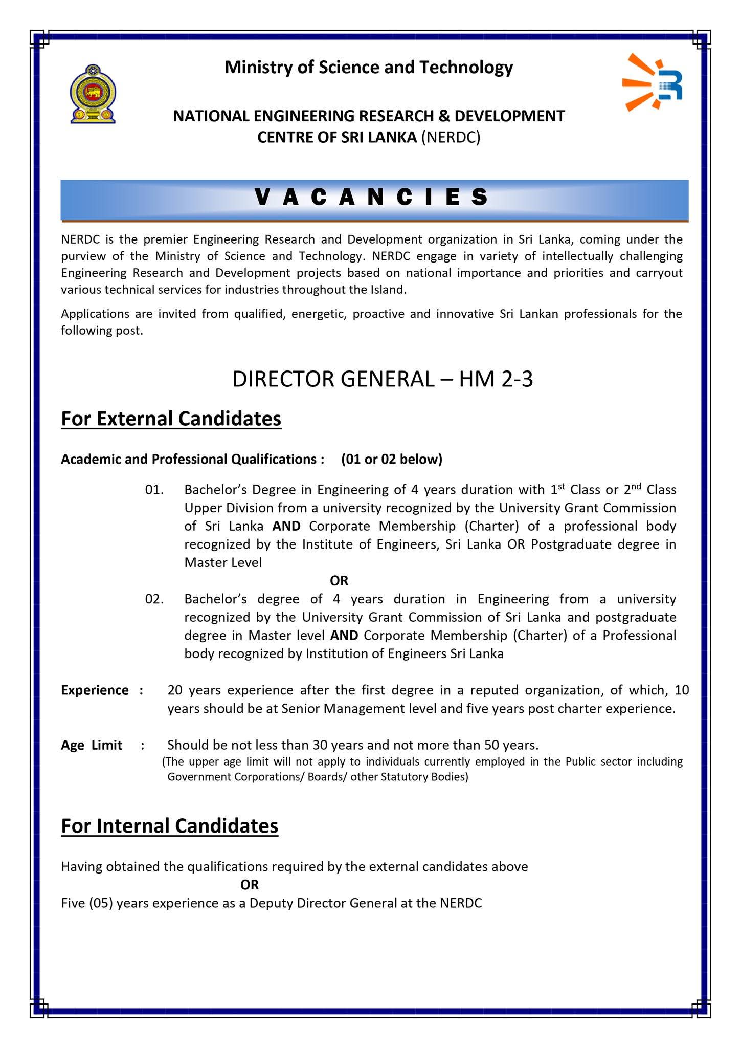 Director General - Engineering - Jobseeker.lk