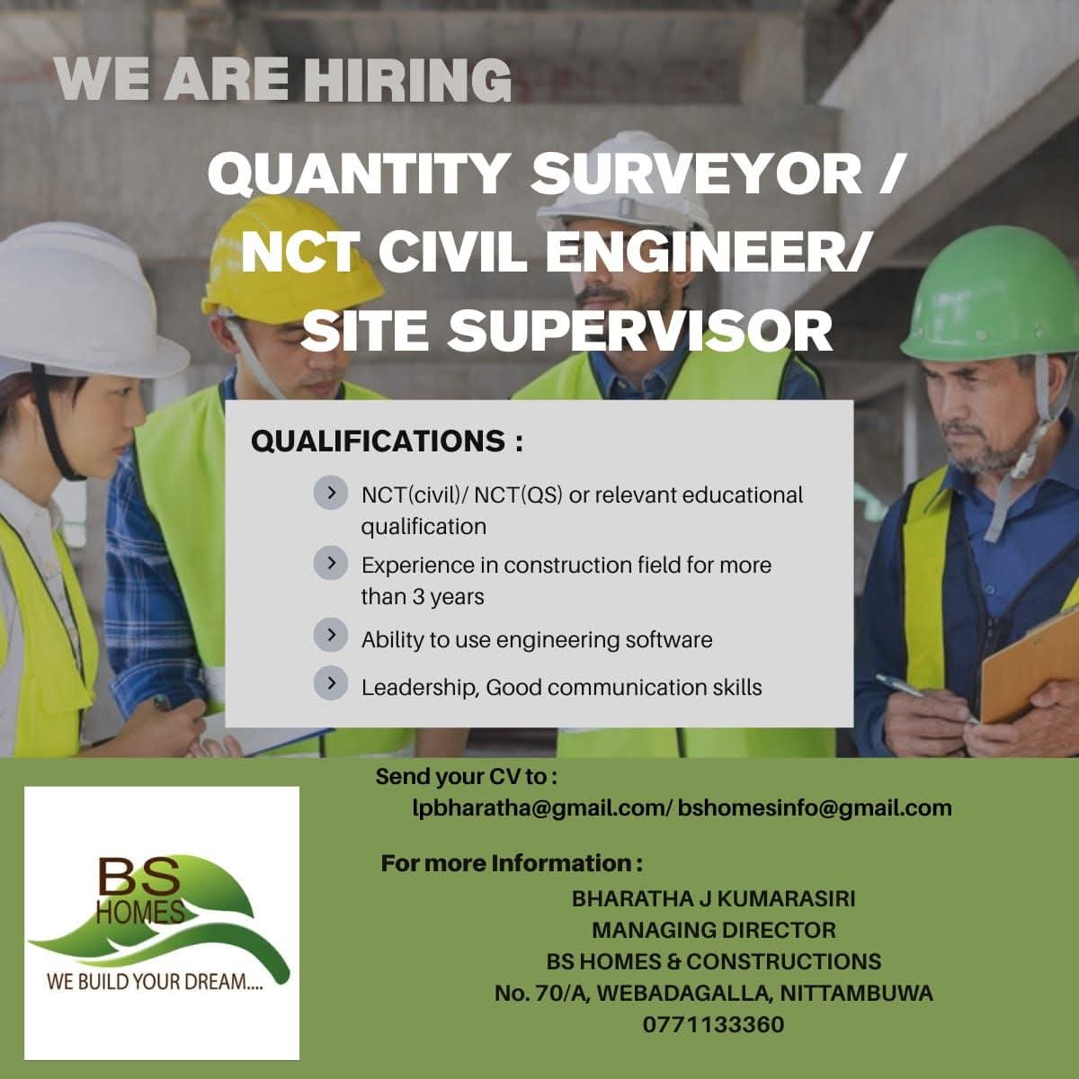 NCT Civil Engineer / Site Supervisor/ Quantity Surveyor - Jobseeker.lk