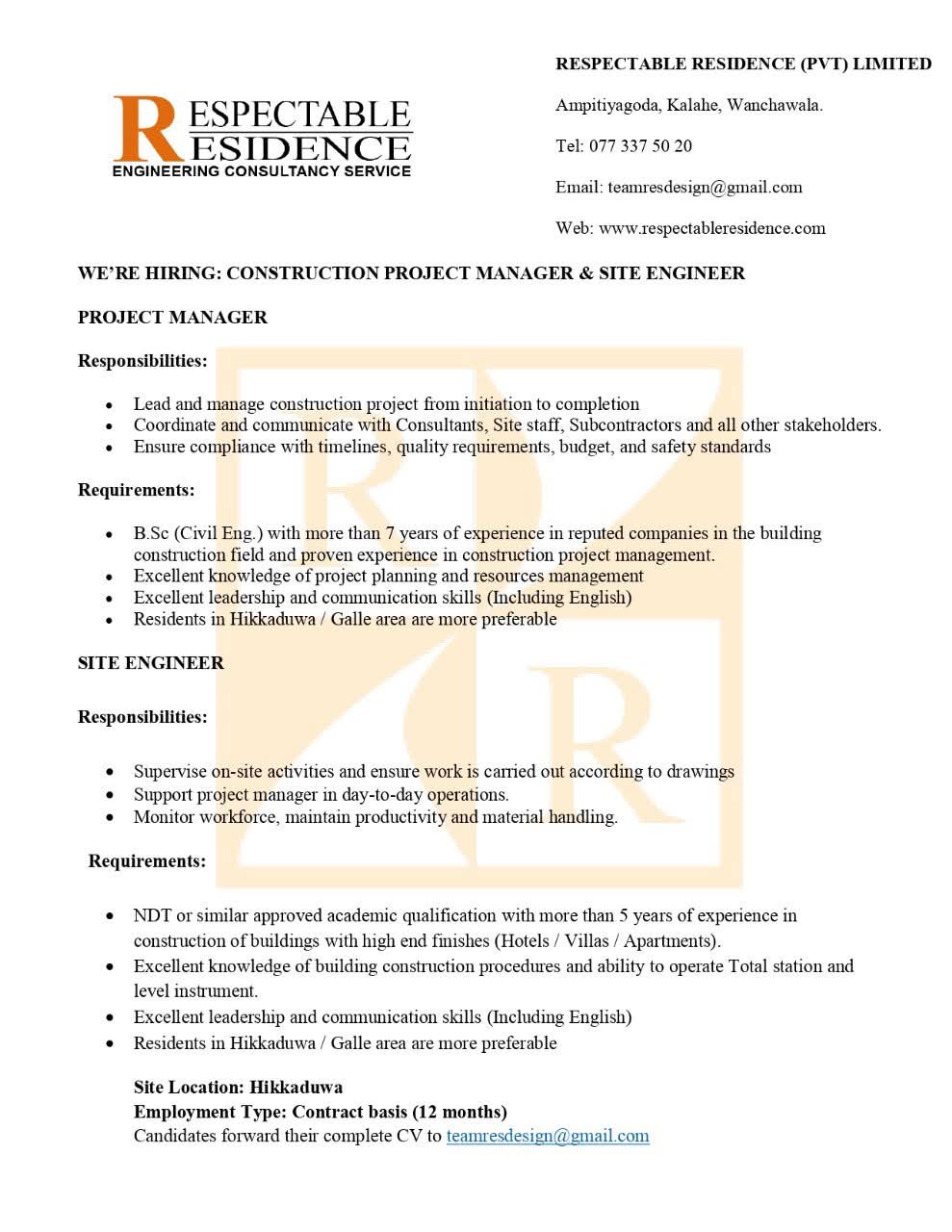 Construction Project Manager & Site Engineer - Jobseeker.lk