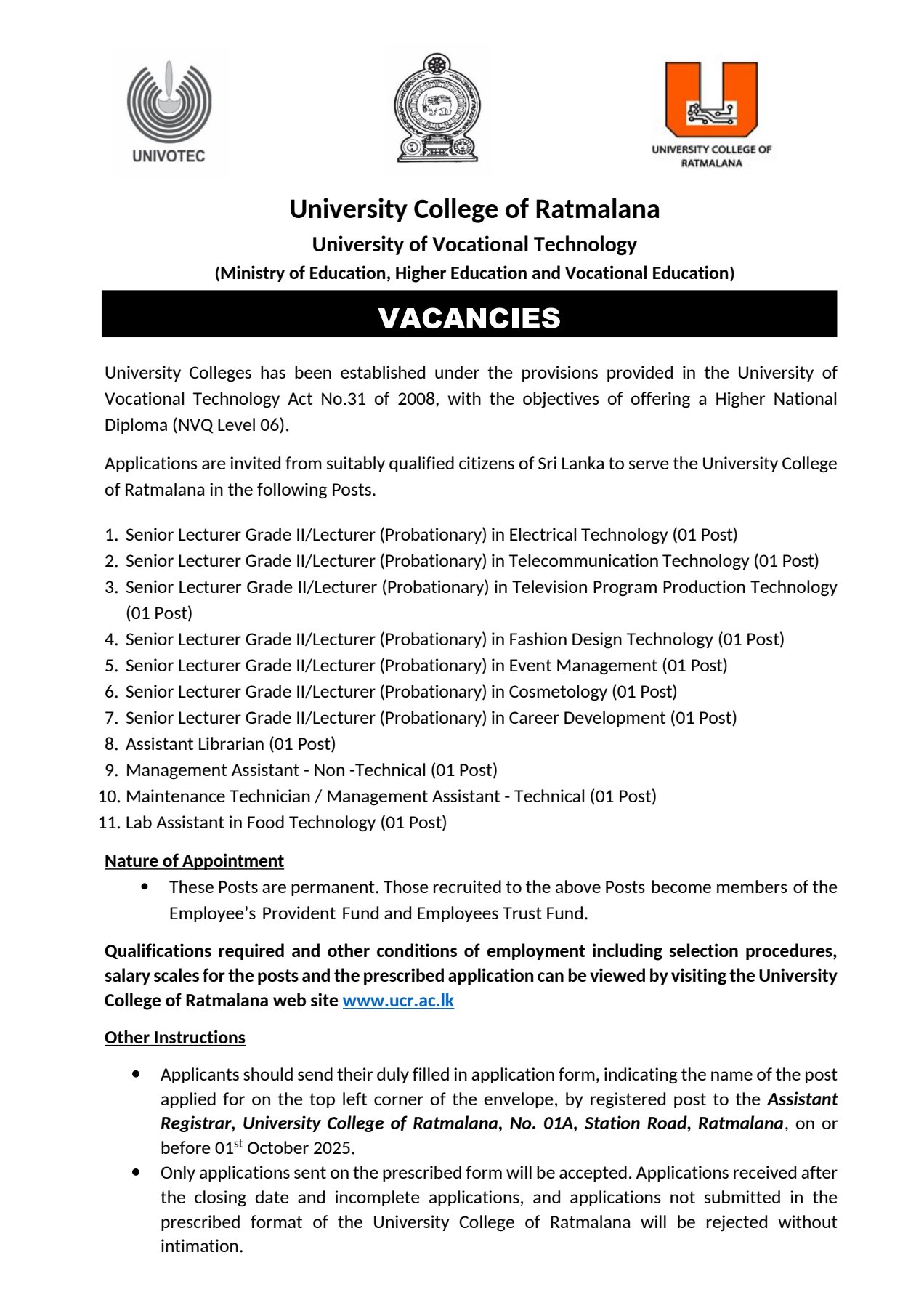 Senior Lecturer / Lecturer/Assistant Librarian/ Management Assistant ...
