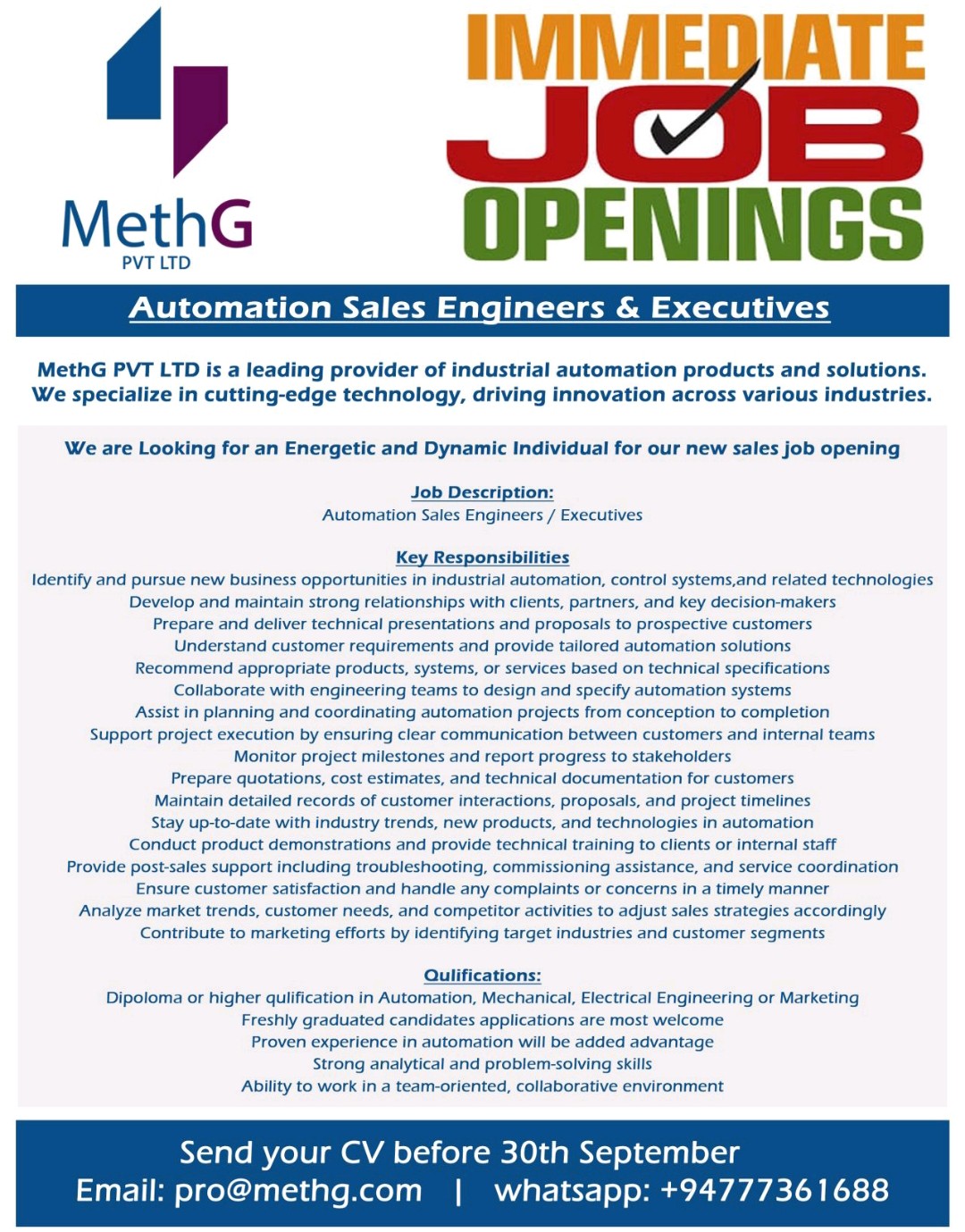 Automation Sales Engineer & Executive - Jobseeker.lk
