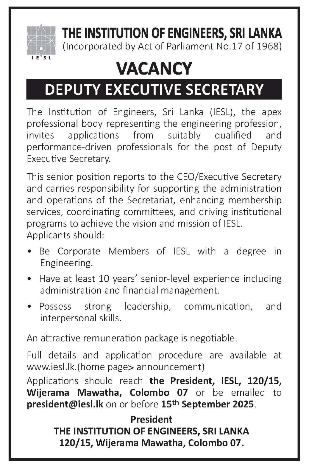 Deputy Executive Secretary - Engineering - Jobseeker.lk
