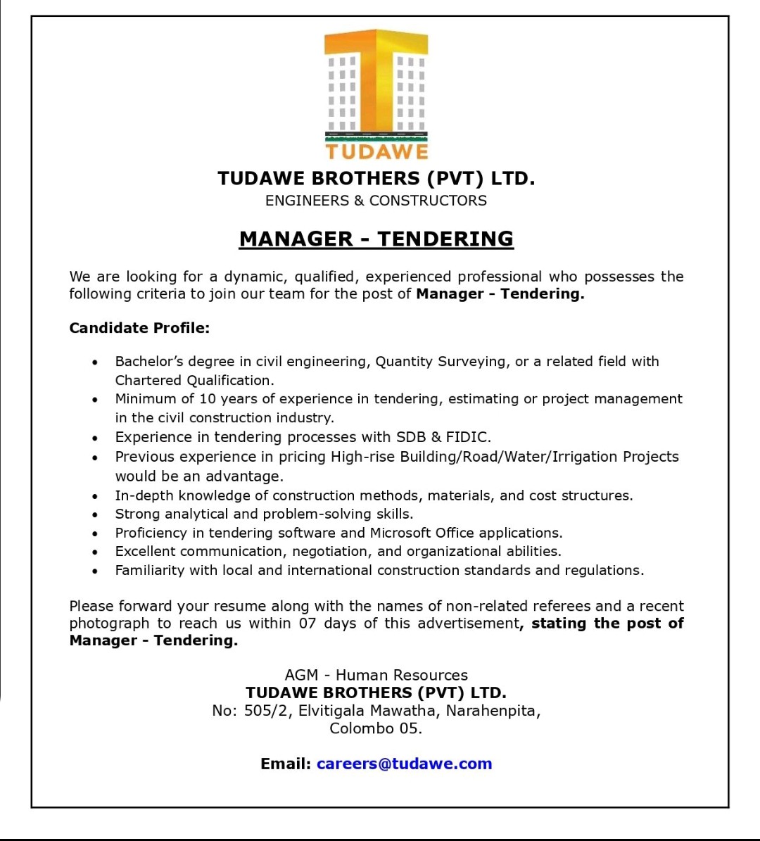 Manager- Tendering ( Civil/ QS) - Jobseeker.lk