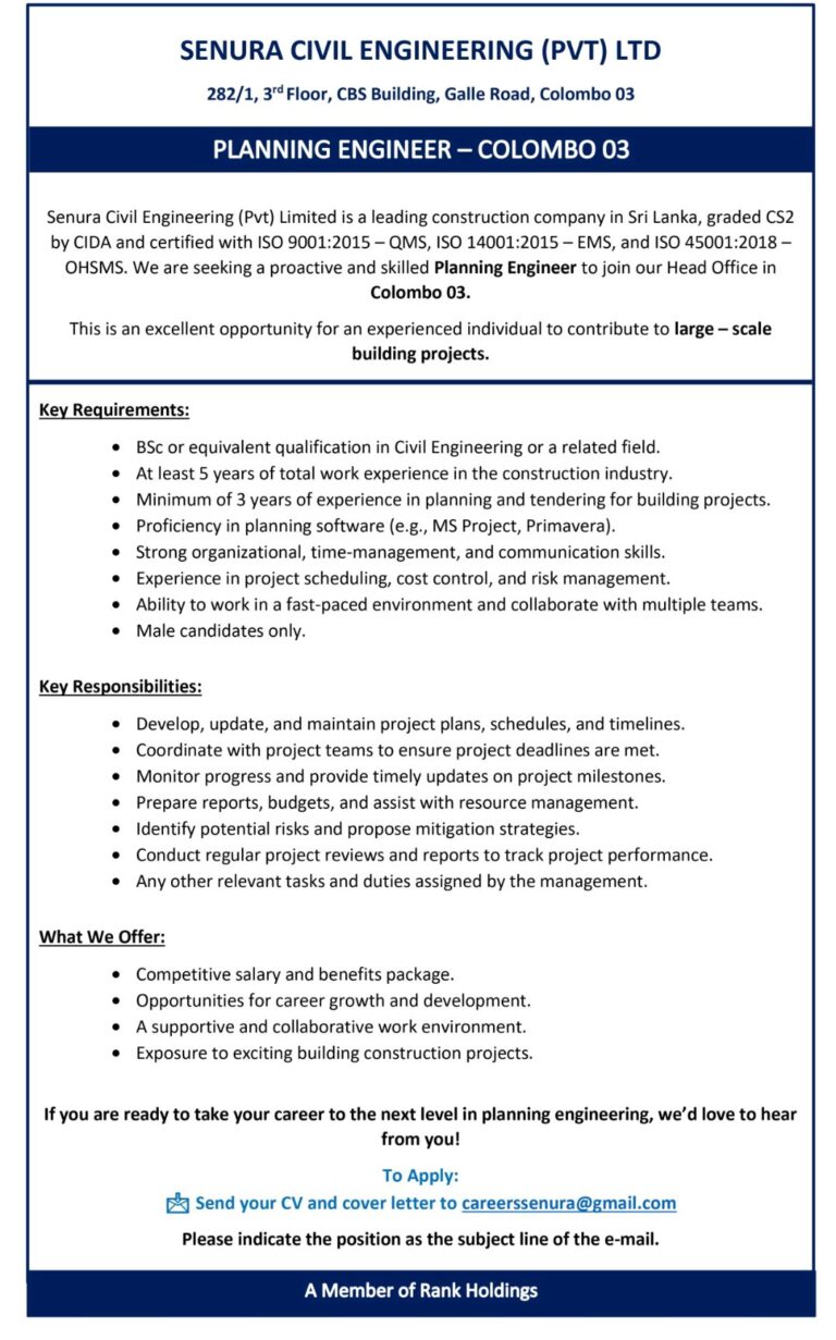 Planning Engineer - Jobseeker.lk
