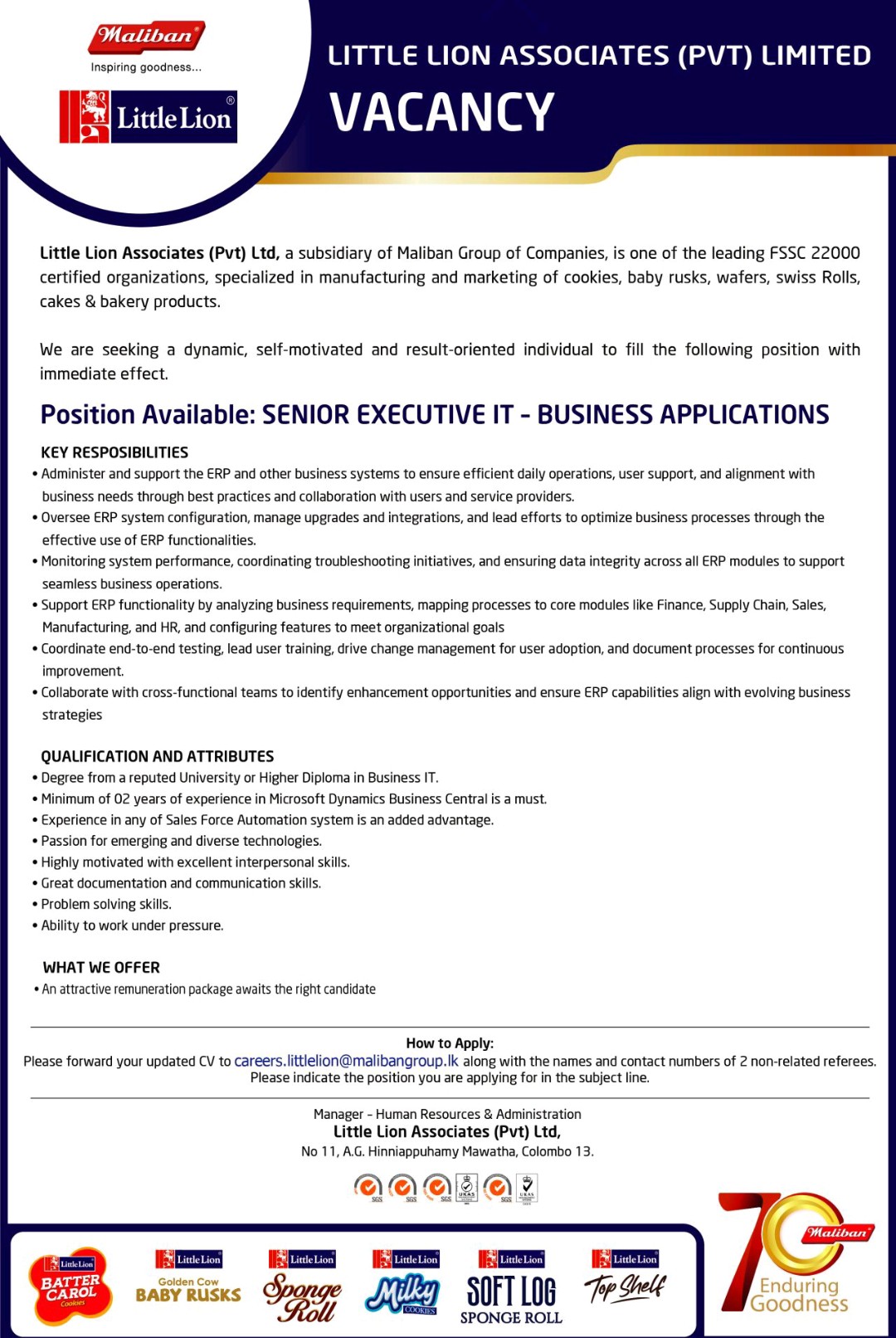 Senior Executive – IT Business Applications - Jobseeker.lk