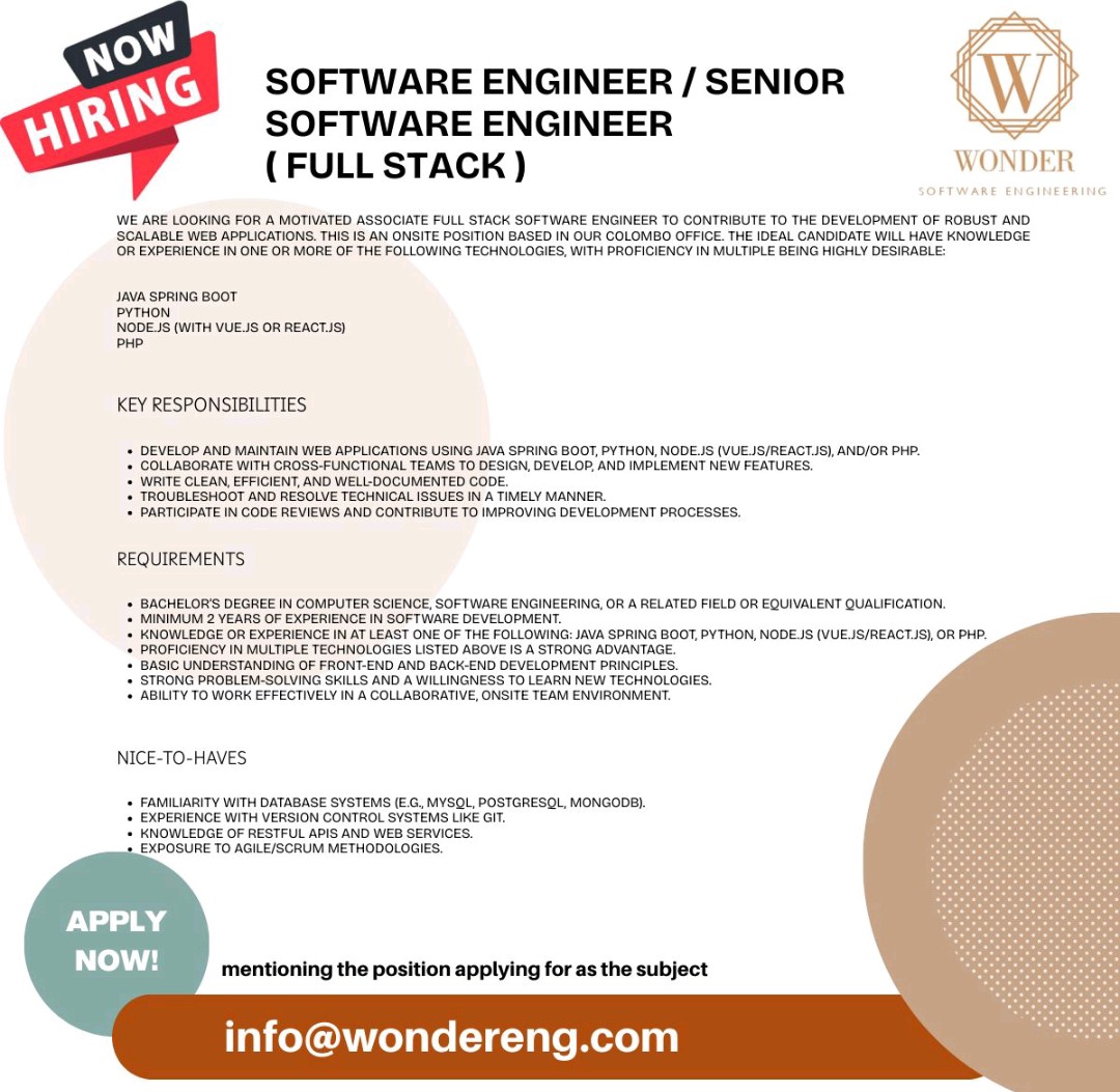 Software Engineer / Senior Software Engineer (Full Stack) - Jobseeker.lk