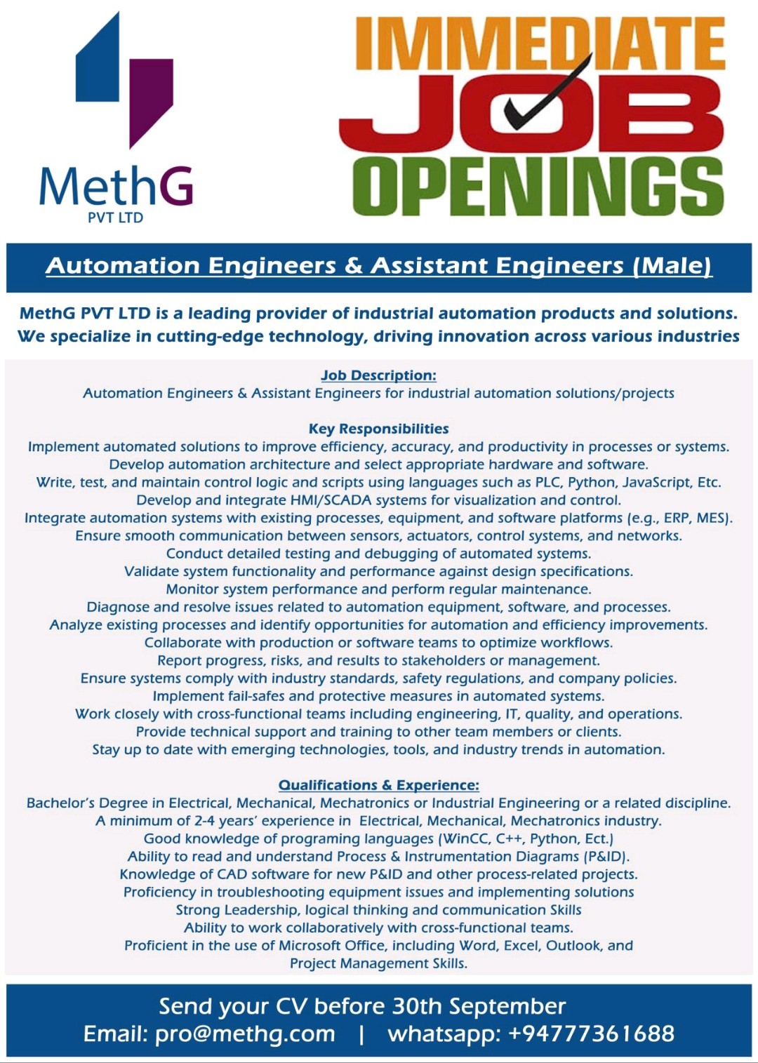 Automation Engineers & Assistant Engineers - Jobseeker.lk