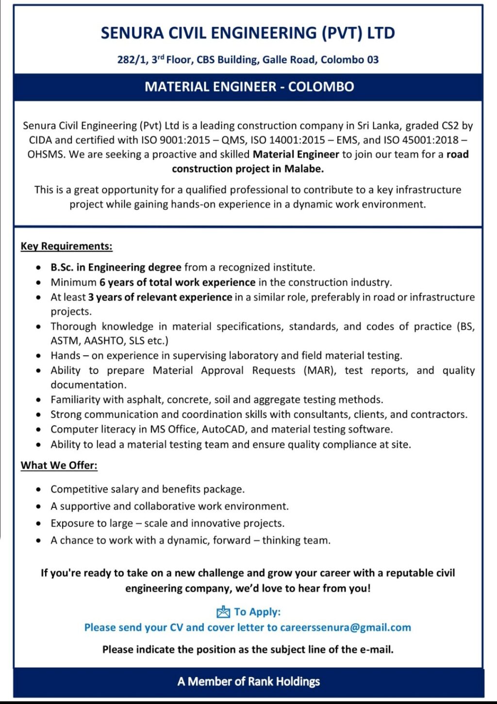 Material Engineer - Jobseeker.lk