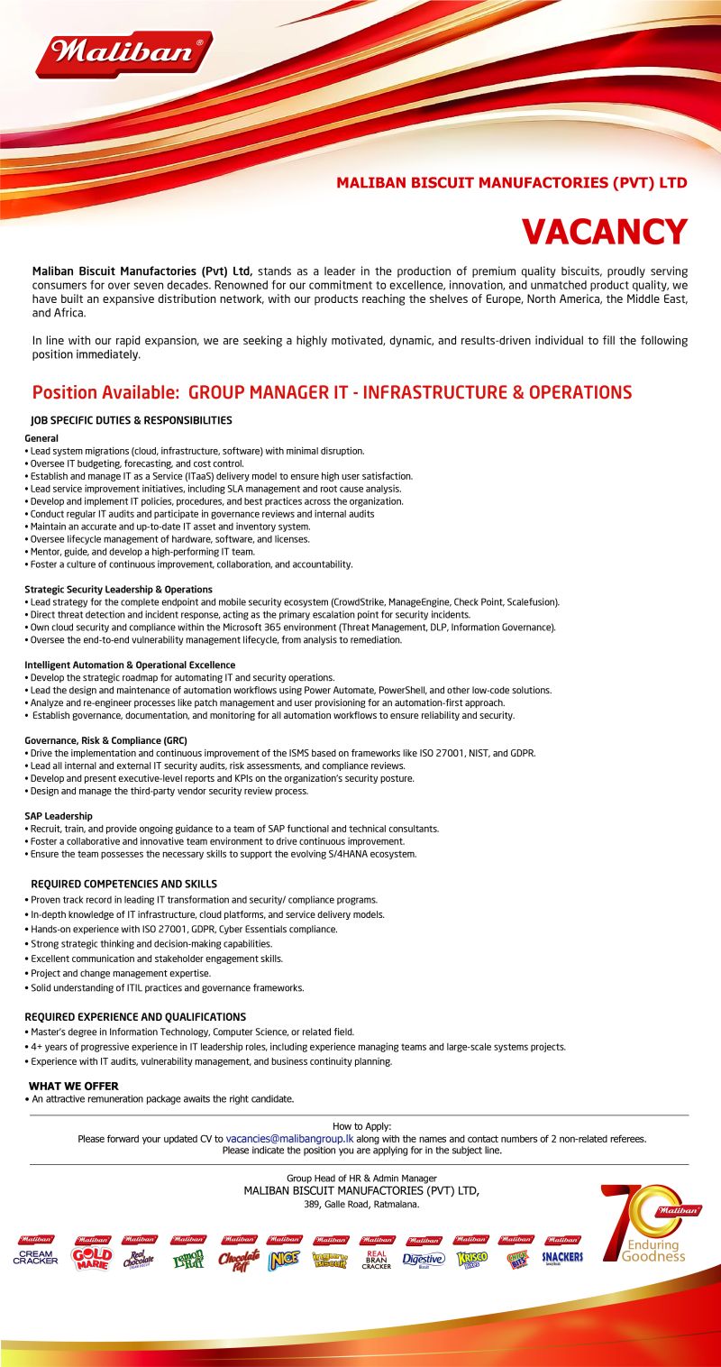 Manager IT - Infrastructure and Operations - Jobseeker.lk