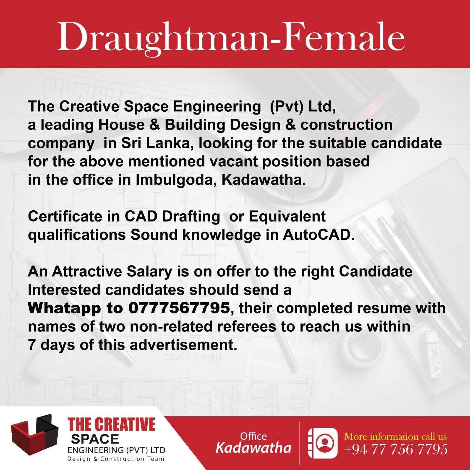 Draughtsman/ Senior Quantity Surveyor/ Architect - Jobseeker.lk