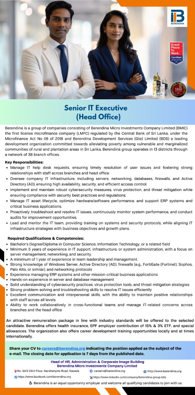 Senior IT Executive - Jobseeker.lk