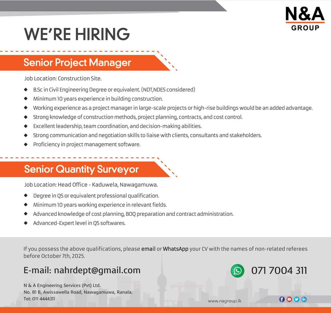 Senior Project Manager/ Senior Quantity Surveyor - Jobseeker.lk