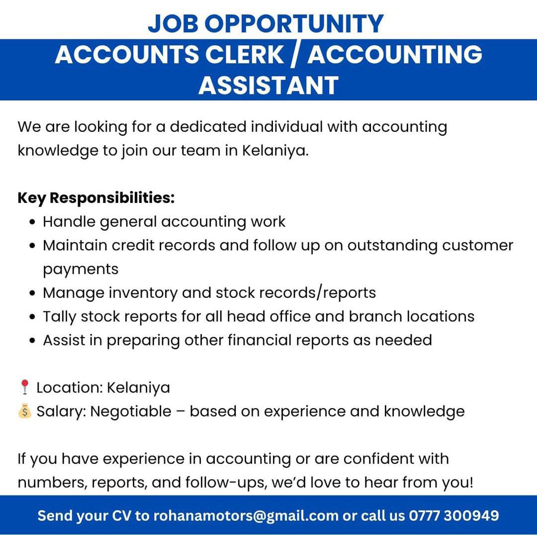 Accounts Clerk / Accounting Assistant - Jobseeker.lk