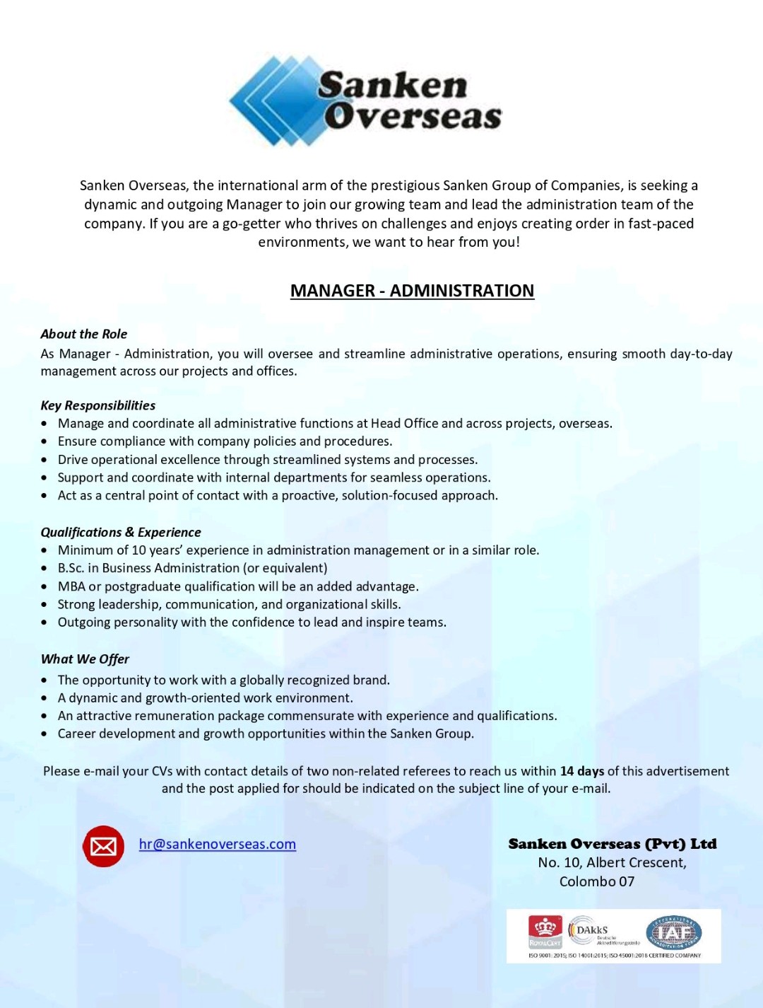 Manager - Administration - Jobseeker.lk