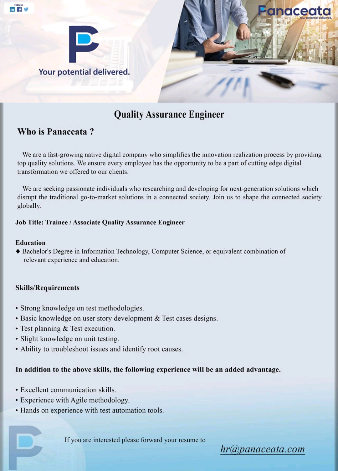 Quality Assurance - Associate/ Trainee / Internship - Jobseeker.lk