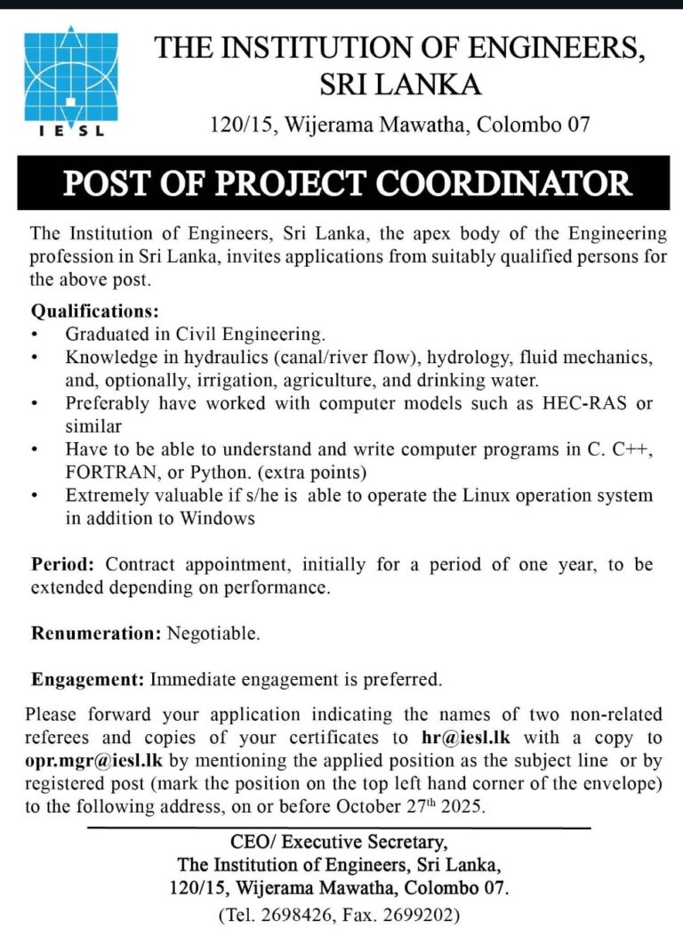 Project Coordinator - Civil Engineering - Jobseeker.lk