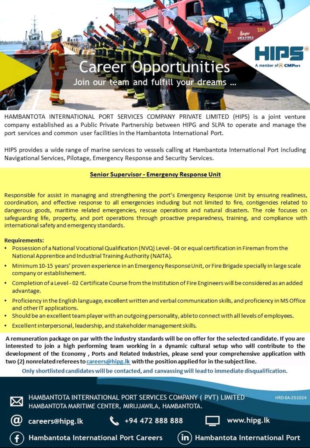 Senior Supervisor - Emergency Response Unit - Jobseeker.lk