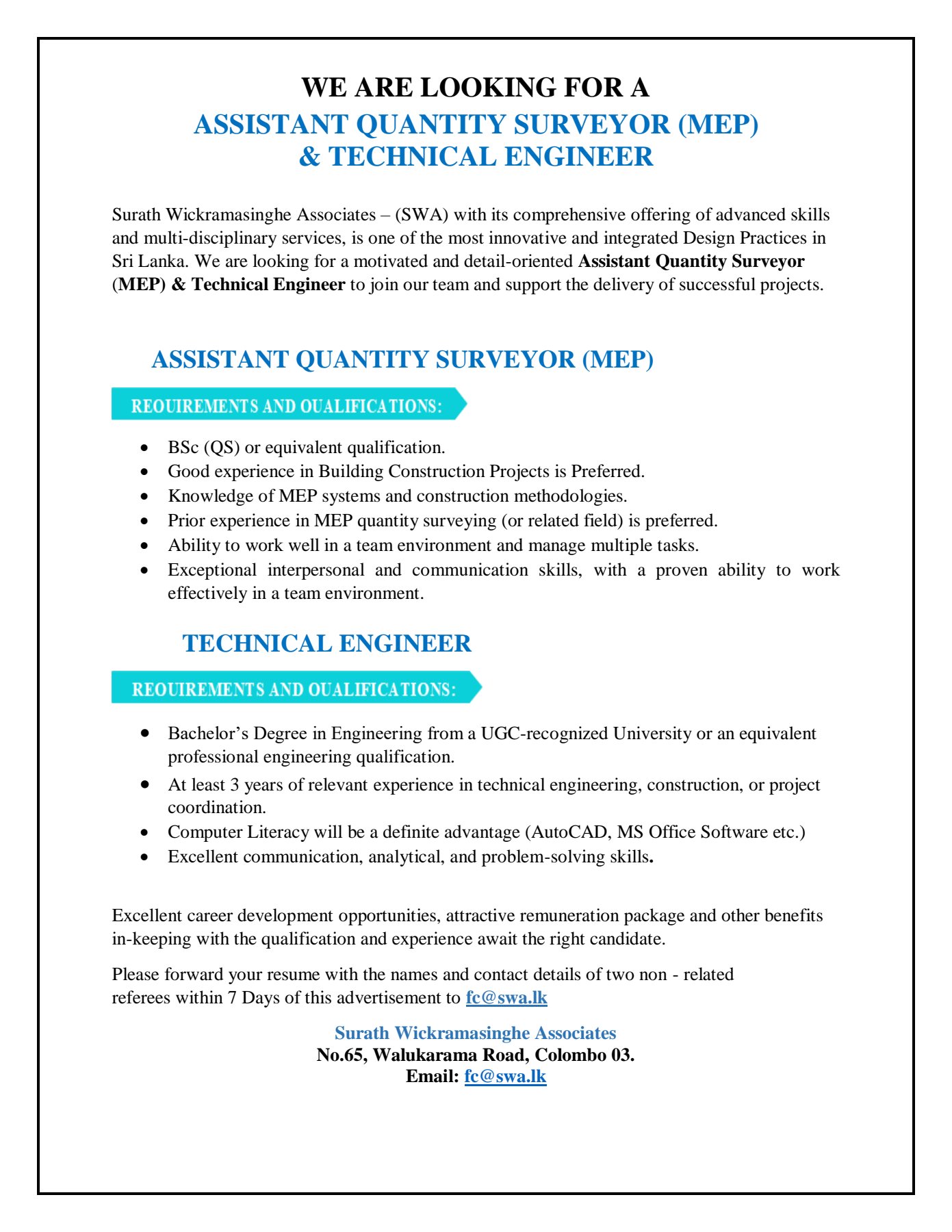 Technical Engineer / Assistant Quantity Surveyor - MEP - Jobseeker.lk