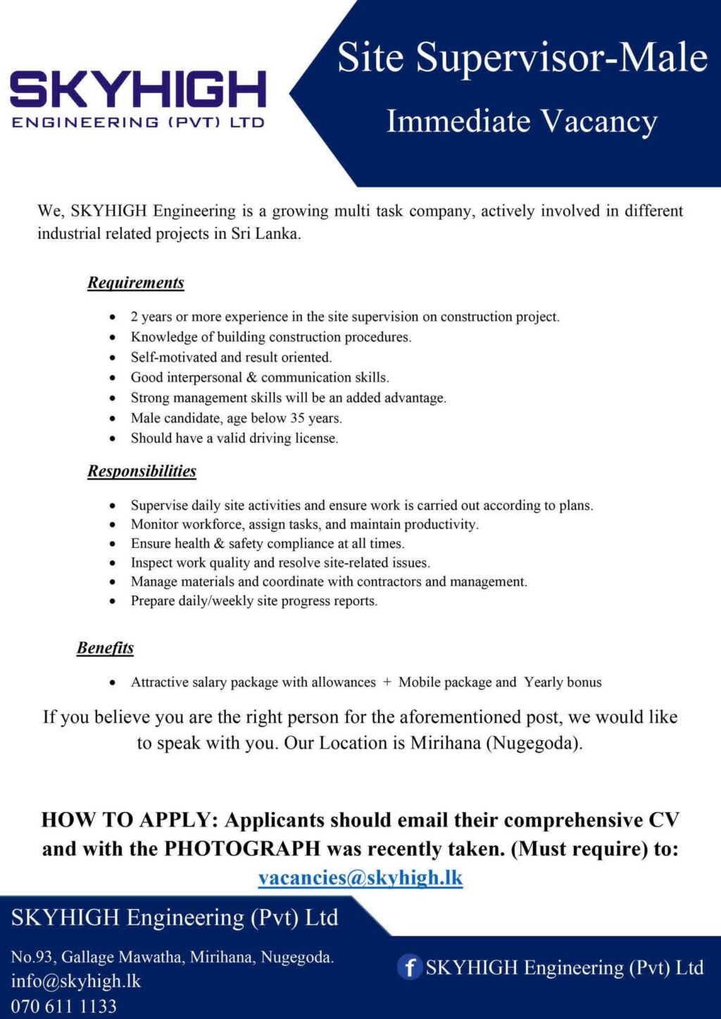 Site Supervisor/ Technical Officer/ Assistant Manager/ Quantity Surveyor - Jobseeker.lk