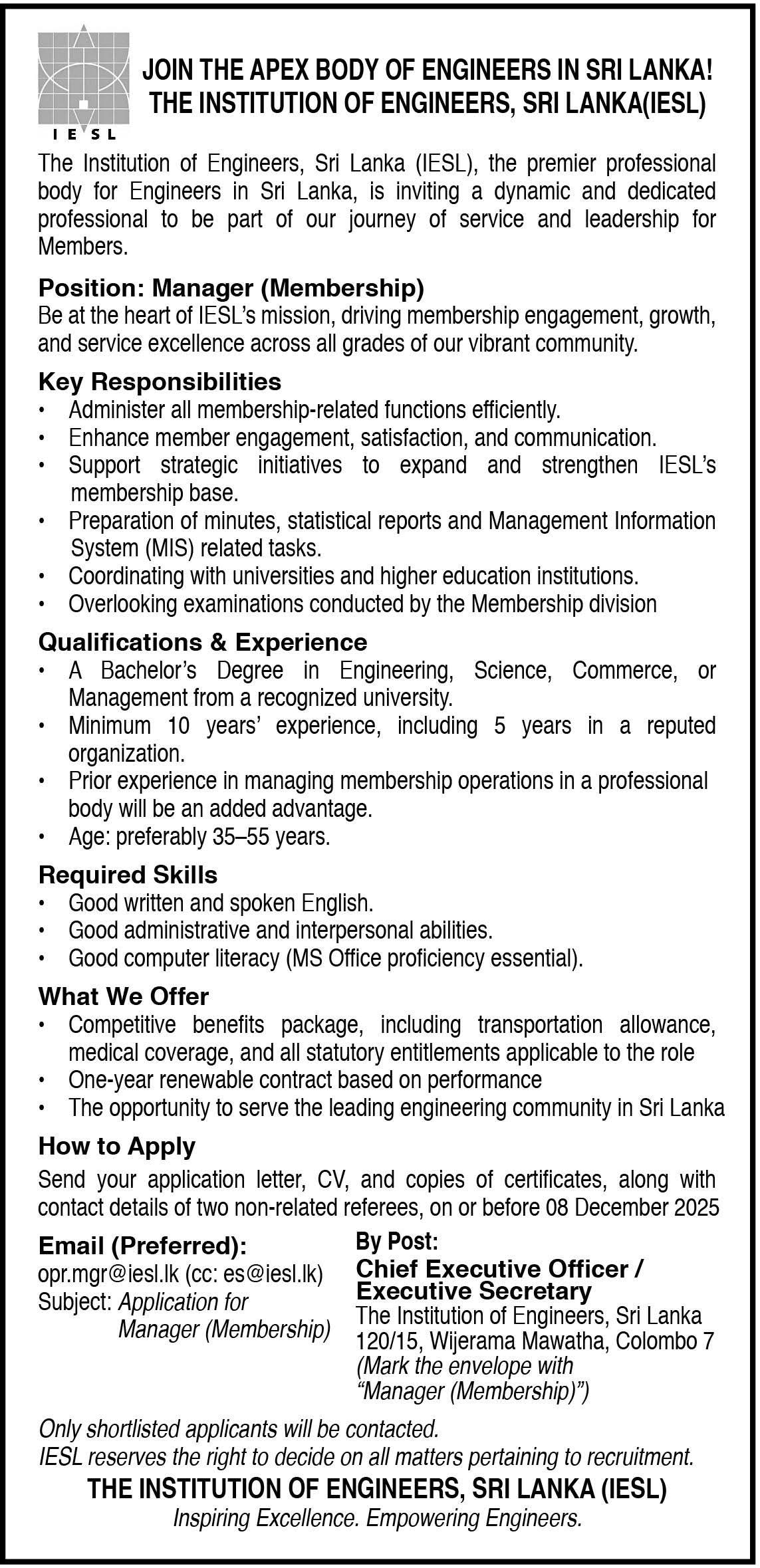 Manager - Membership - Jobseeker.lk