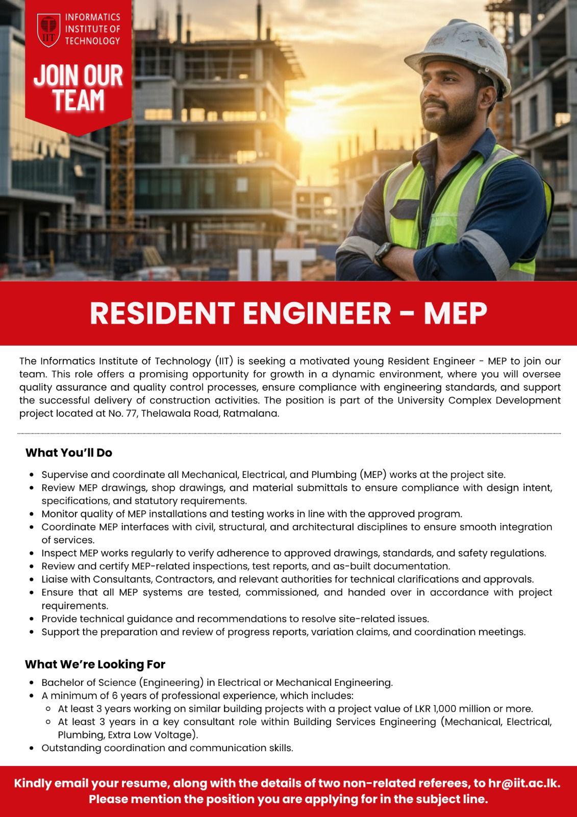 Resident Engineer - MEP - Jobseeker.lk