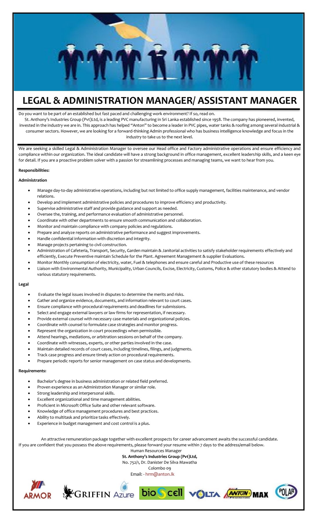 Legal & Administration Manager/Assistant Manager - Jobseeker.lk