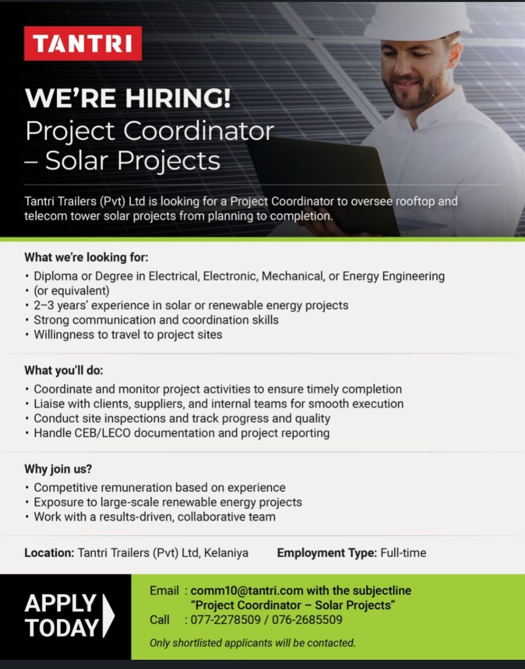 Project Coordinator - Solar Projects - Jobseeker.lk