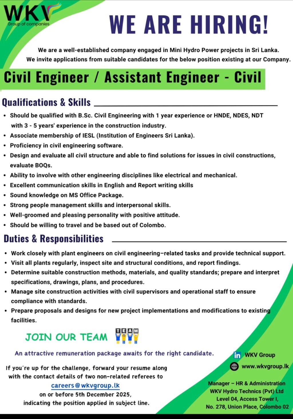 Civil Engineer/ Assistant Engineer - Civil - Jobseeker.lk