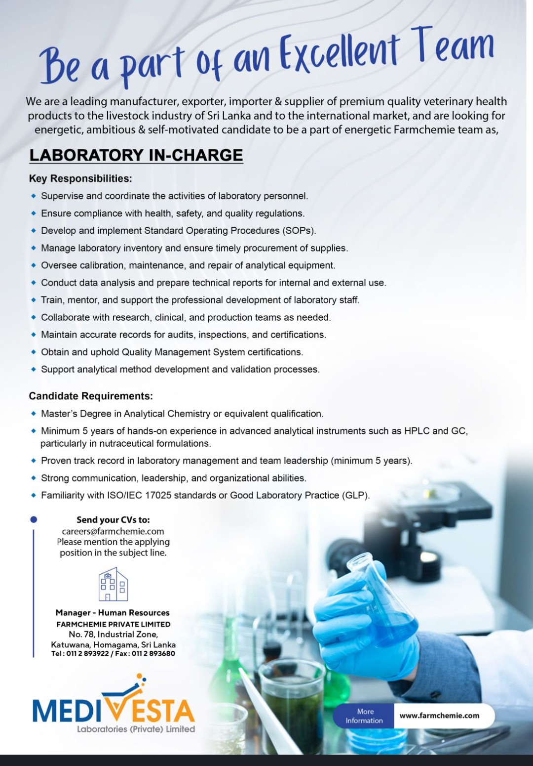 Laboratory In-Charge - Jobseeker.lk