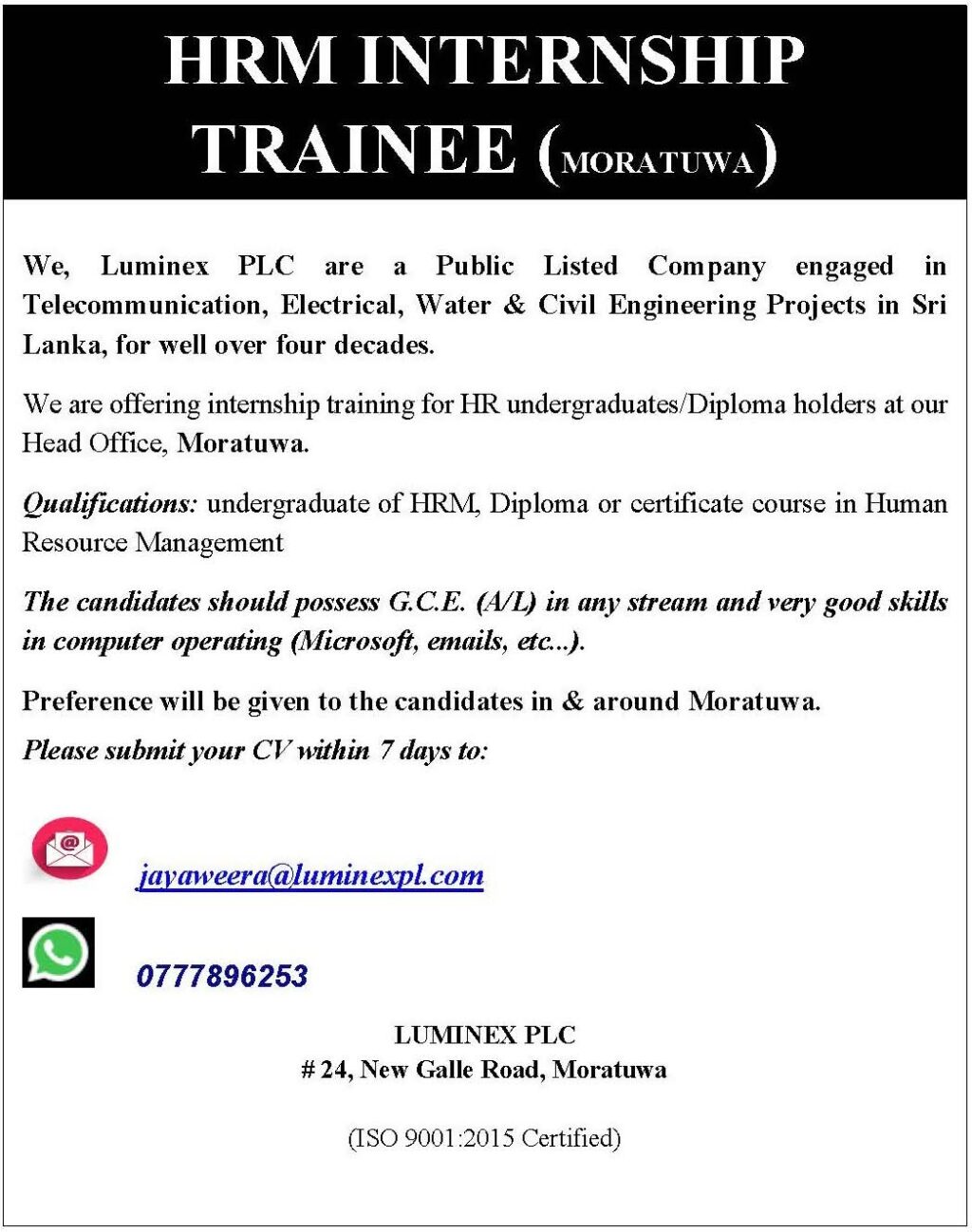 Internship Trainee - HR - Jobseeker.lk