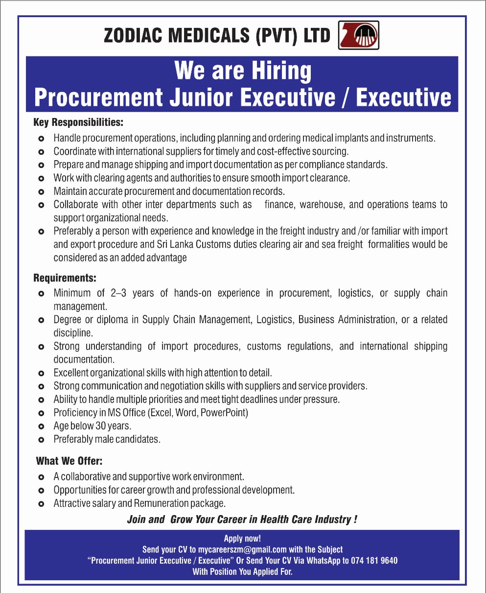 Procurement Junior Executive/ Executive - Jobseeker.lk
